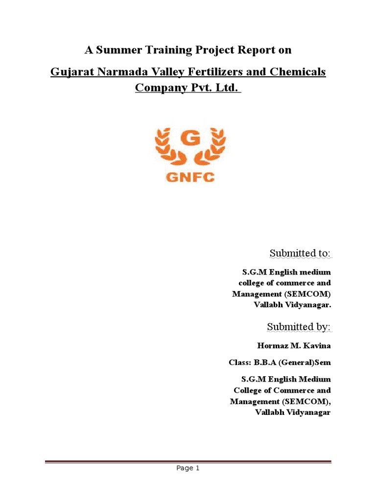 GNFC Summer Internship Report | PDF | Financial Capital | Marketing