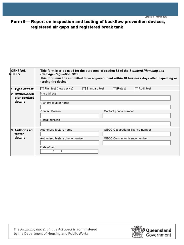 Form 9 - Report On Inspection and Testing of Backflow Prevention ...