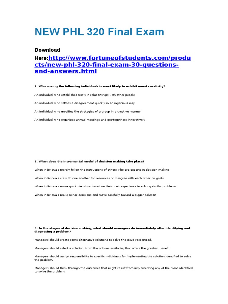 Original PHL 320 Final Exam Answers | PDF | Bias | Strategic Management