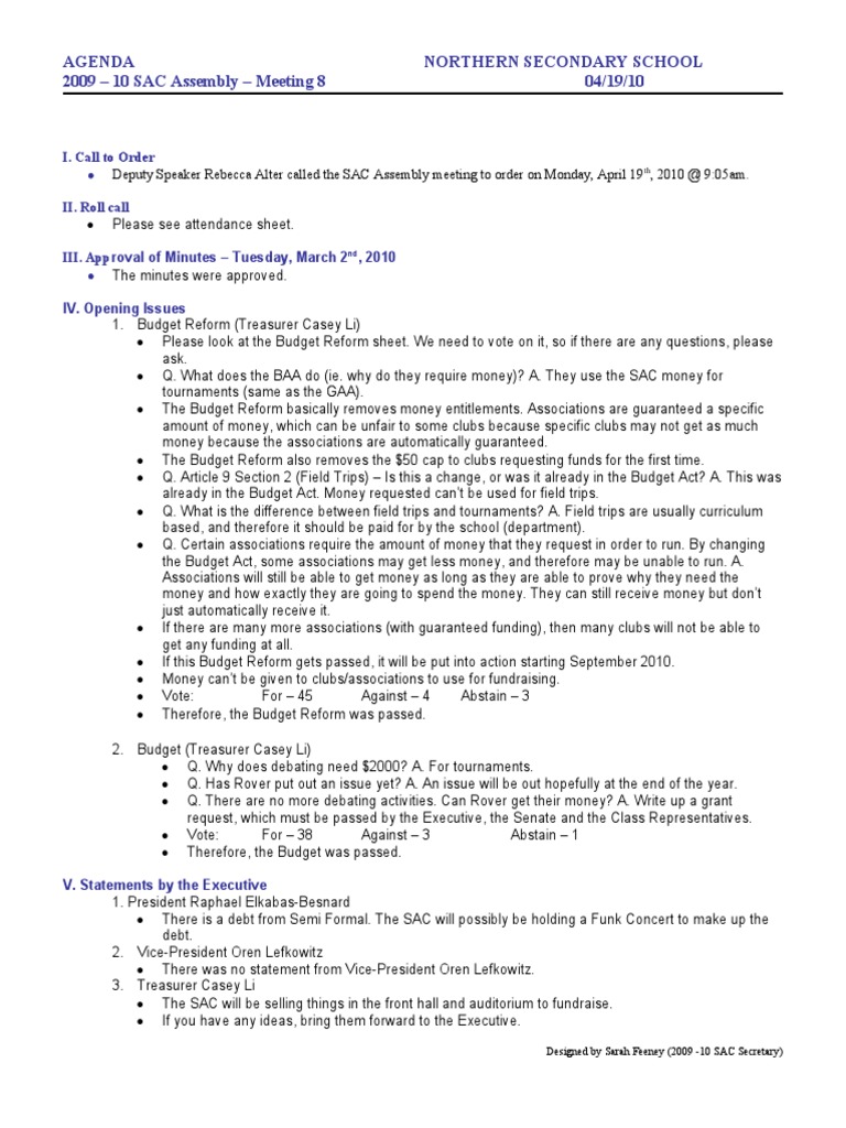 SAC Assembly Minutes - Meeting 8 | PDF | Government