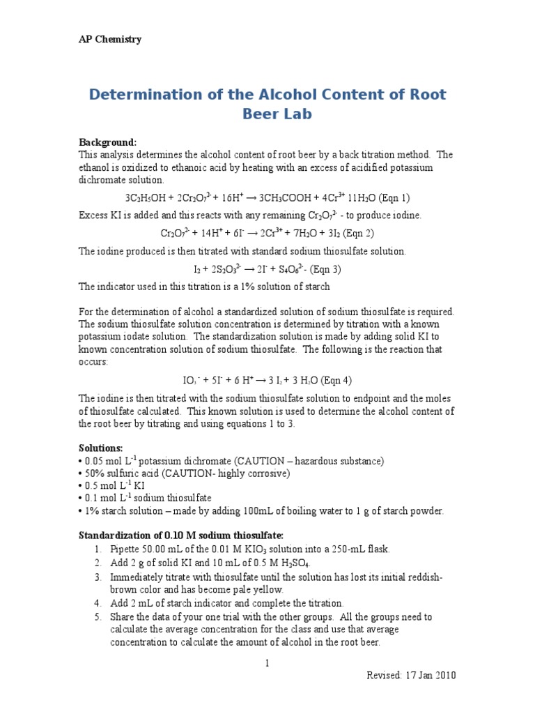 Determination of The Alcohol Lab | PDF | Titration | Chemistry