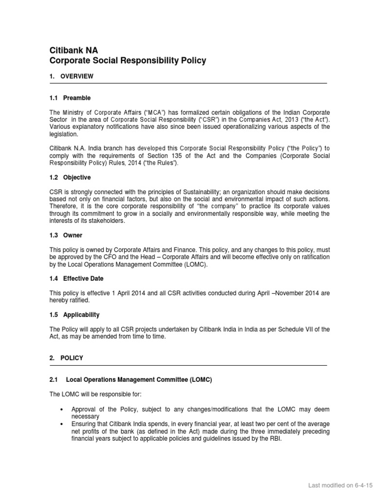 Citibank CSR | PDF | Corporate Social Responsibility | Policy