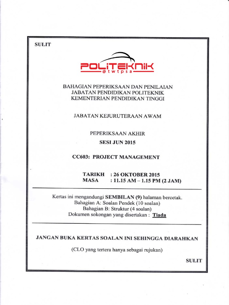 CC603 Project Management Jun 2015 | PDF
