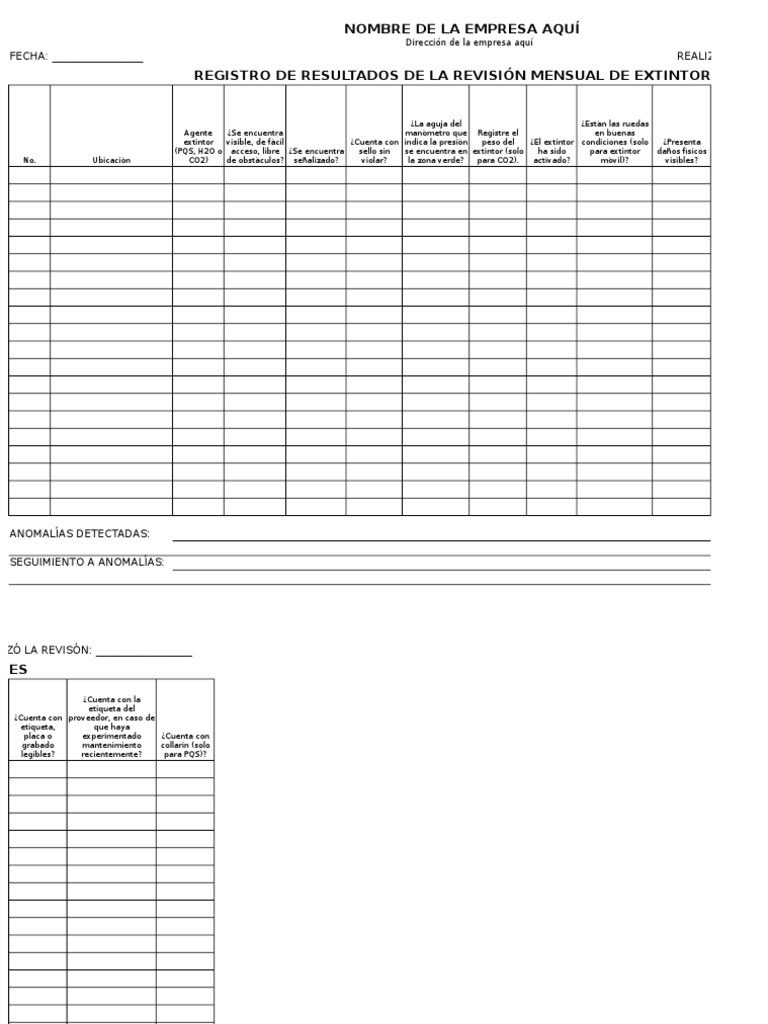 Registro de Resultados de Revision Mensual de Extintores FORMATO