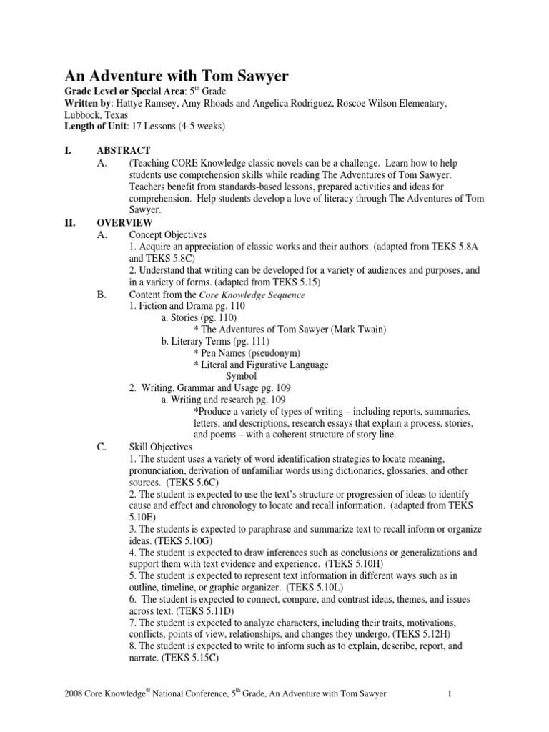 An Adventure With Tom Sawyer | PDF | Vocabulary | Mark Twain