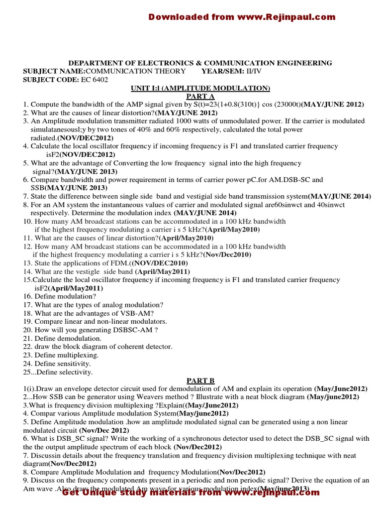 EC6402 Communication Theory Question Bank For Ece | PDF | Frequency Modulation | Detector (Radio)