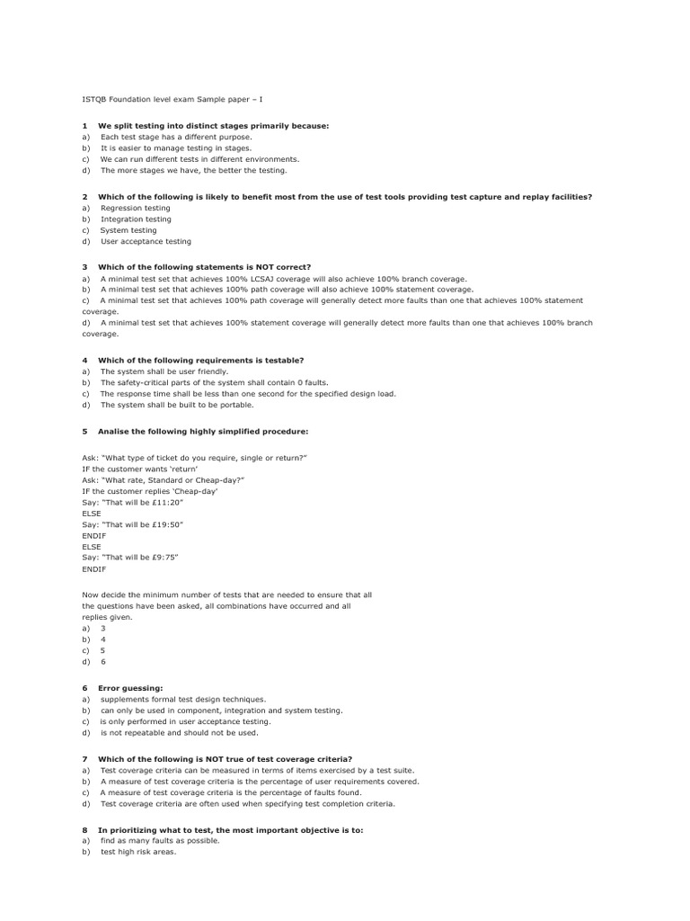 ISTQB Foundation Level Exam Sample Paper | PDF | Data Collection ...