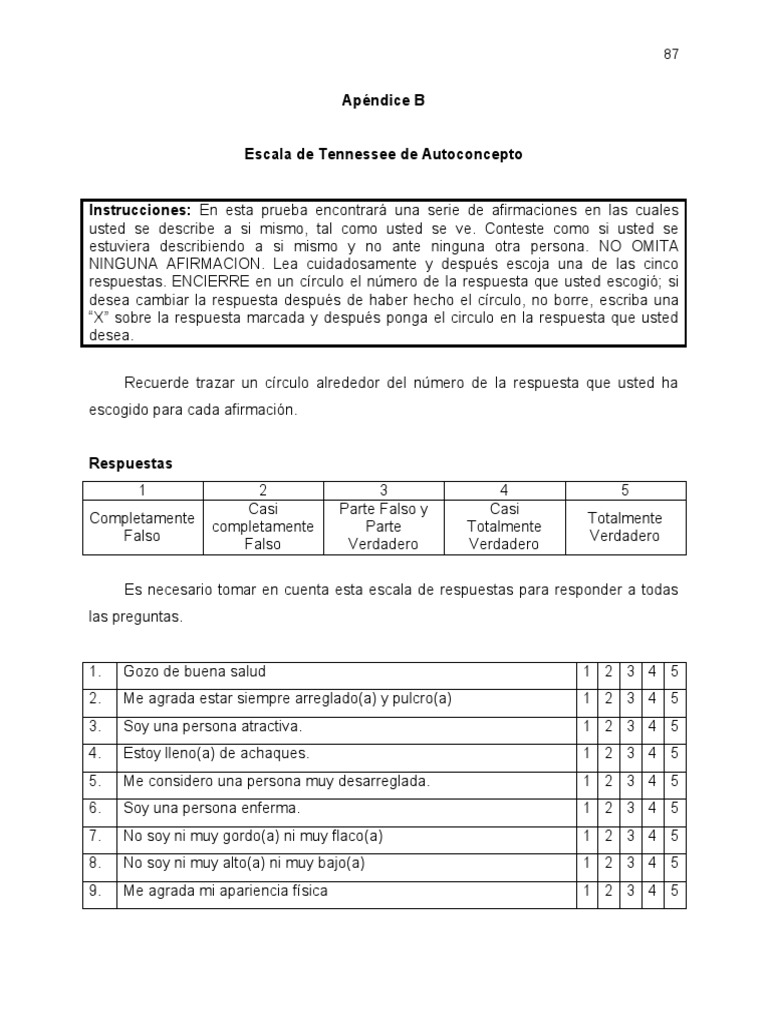 Escala Tennessee de Autoconcepto | PDF