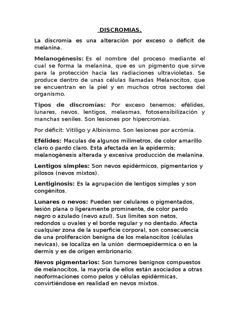 Tipos y causas de discromías cutáneas | PDF | Epidermis | Sistema ...