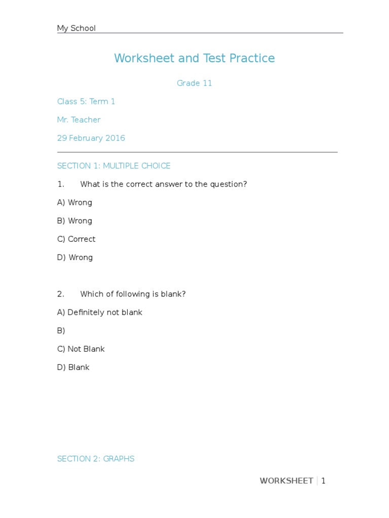 Worksheet and Test Practice: Grade 11 Class 5: Term 1 Mr. Teacher 29 ...