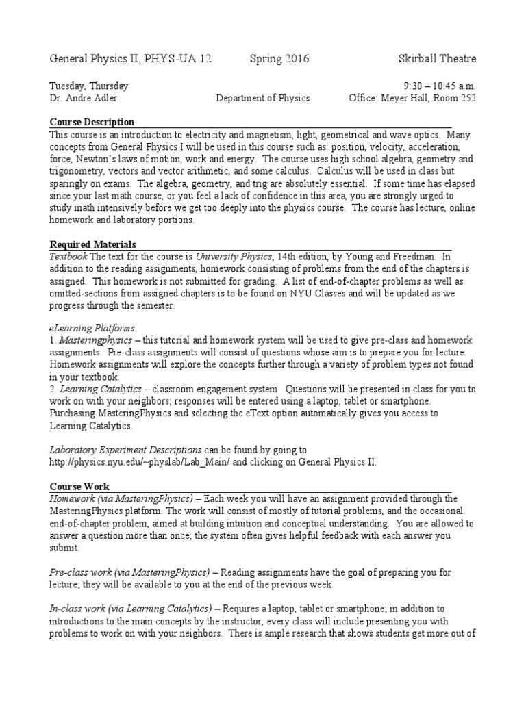 General Physics II Course Overview | PDF | Homework | Test (Assessment)