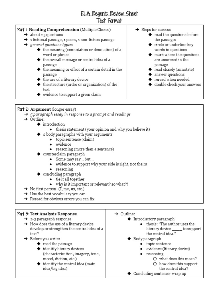 ELA Regents Review Sheet Test Format:: General Questions Types | PDF ...