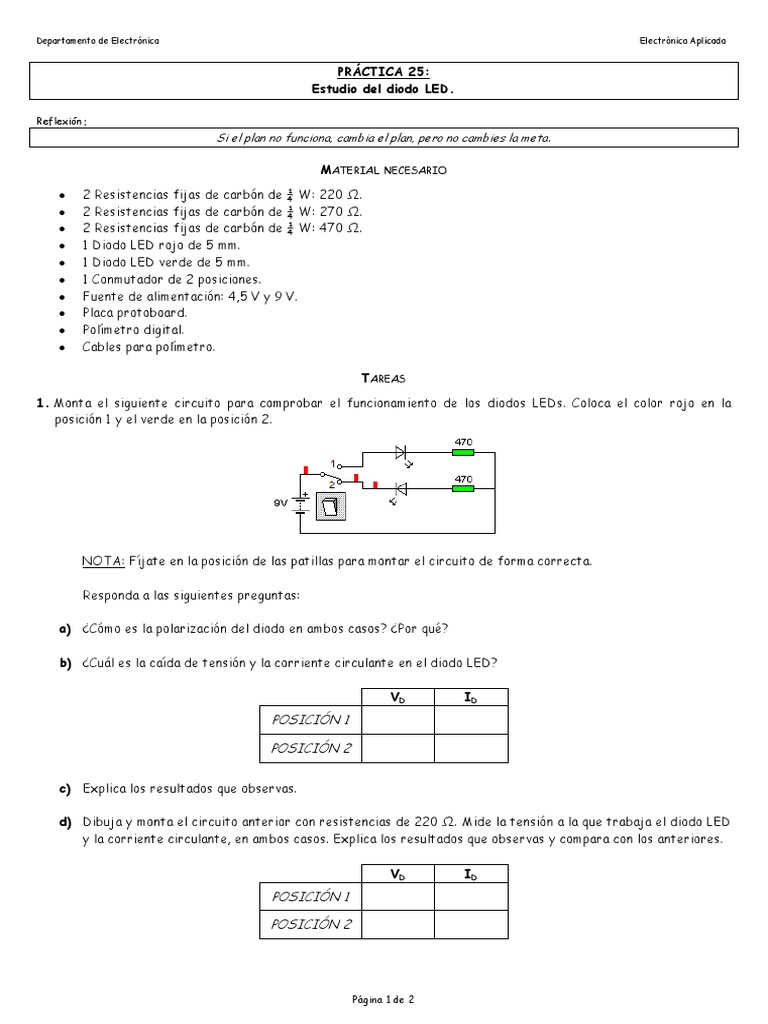 Práctica 25. Estudio Del Diodo LED | PDF | Diodo emisor de luz | Diodo