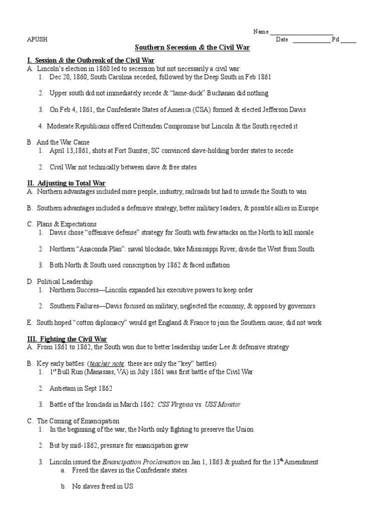 Southern Secession and Civil War Overview | PDF | American Civil War ...