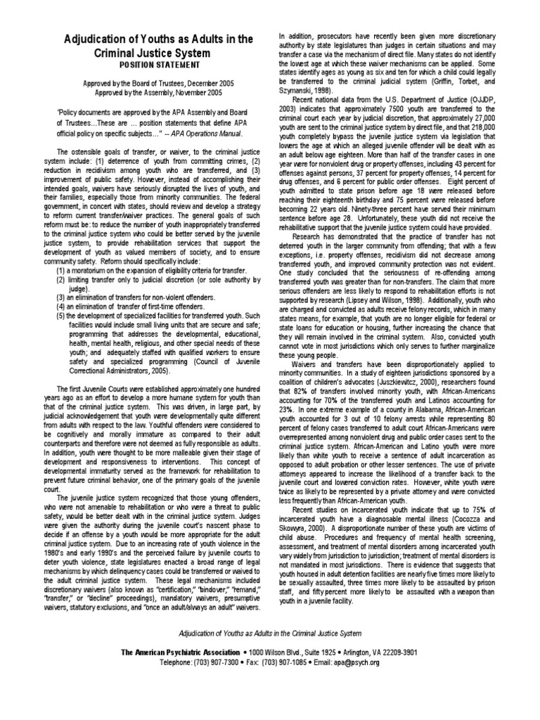 Adjudication of Youths As Adults in The Criminal Justice System ...