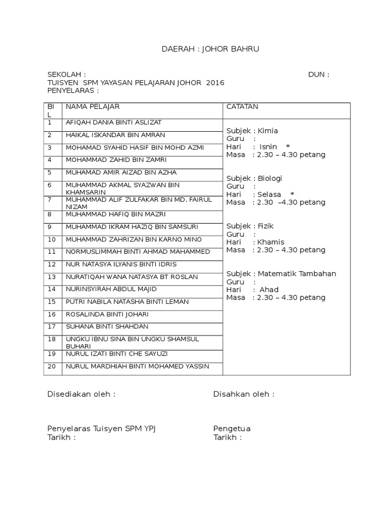 Contoh Jadual Kelas Tuisyen SPM YPJ | PDF