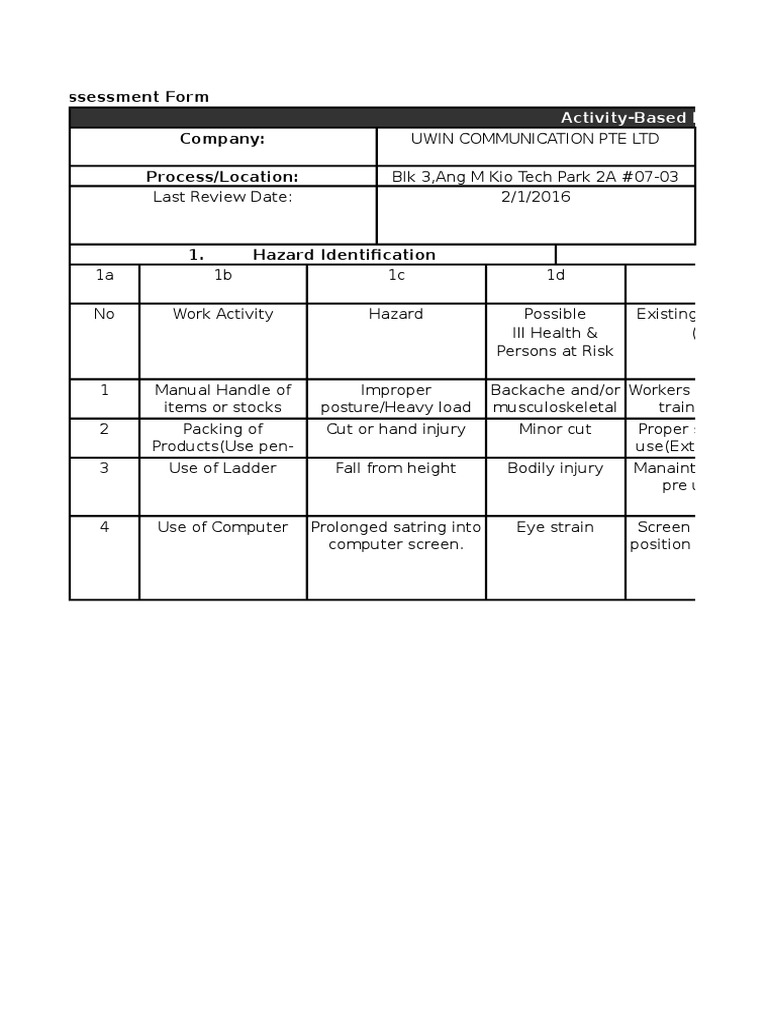 Company: Process/Location:: Activity-Based Risk Assessment Form | PDF ...