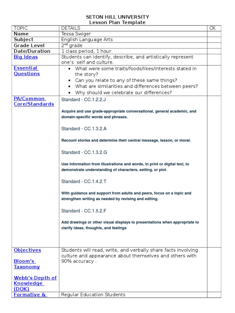 Big Ideas Essential Questions: Seton Hill University Lesson Plan ...