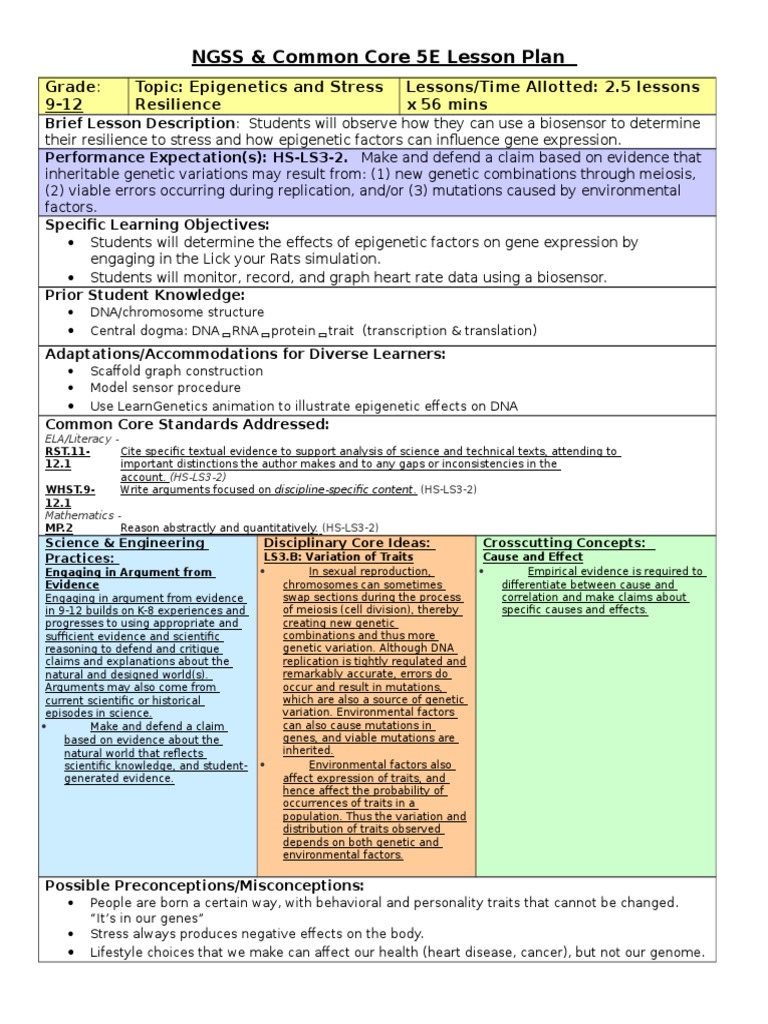 NGSS & Common Core 5E Lesson Plan | PDF | Genetics | Mutation