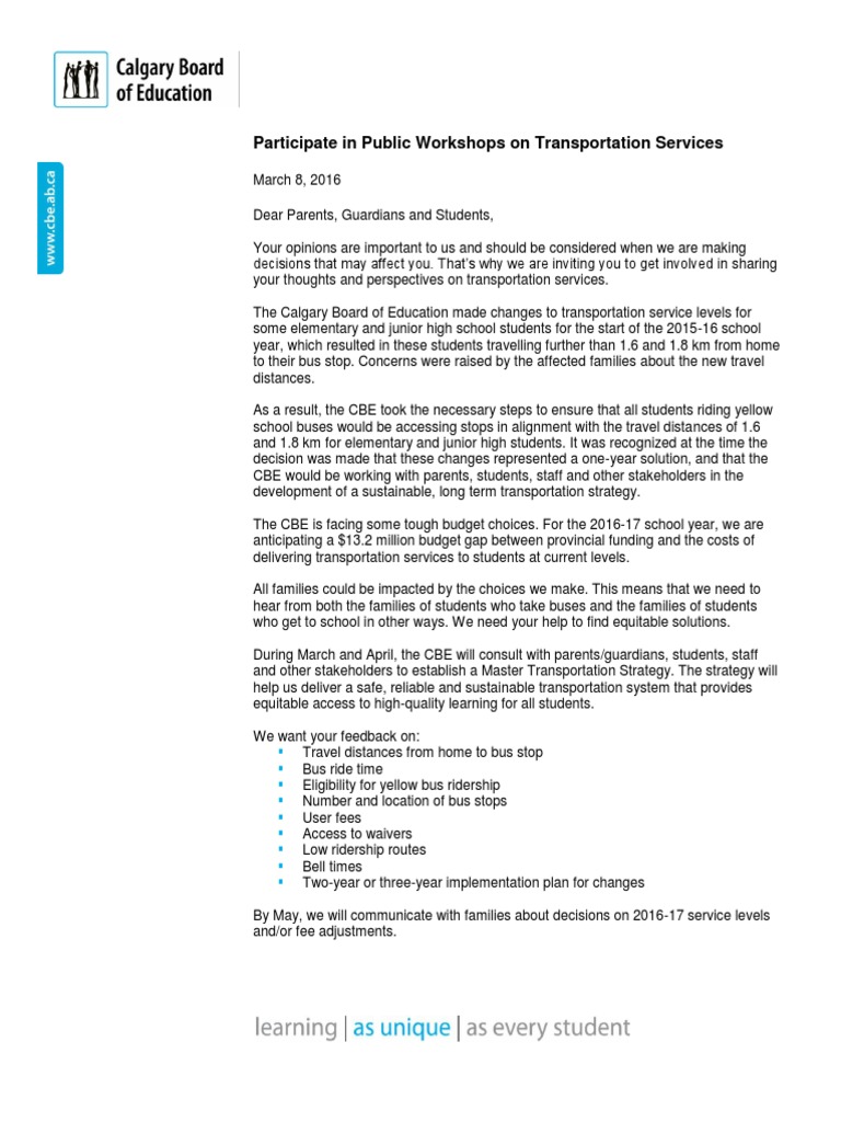 03-08-2016 Letter To Parents Rev2 | PDF | Business | Transport