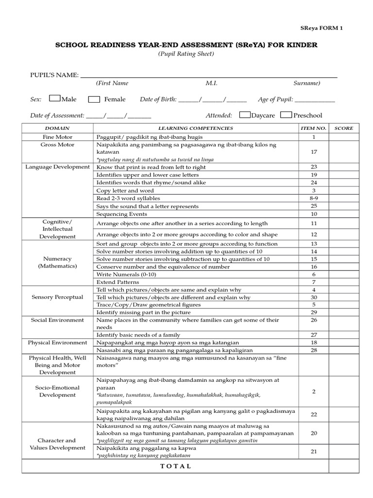 Kindergarten Year-End Readiness Assessment | PDF | Language Arts ...
