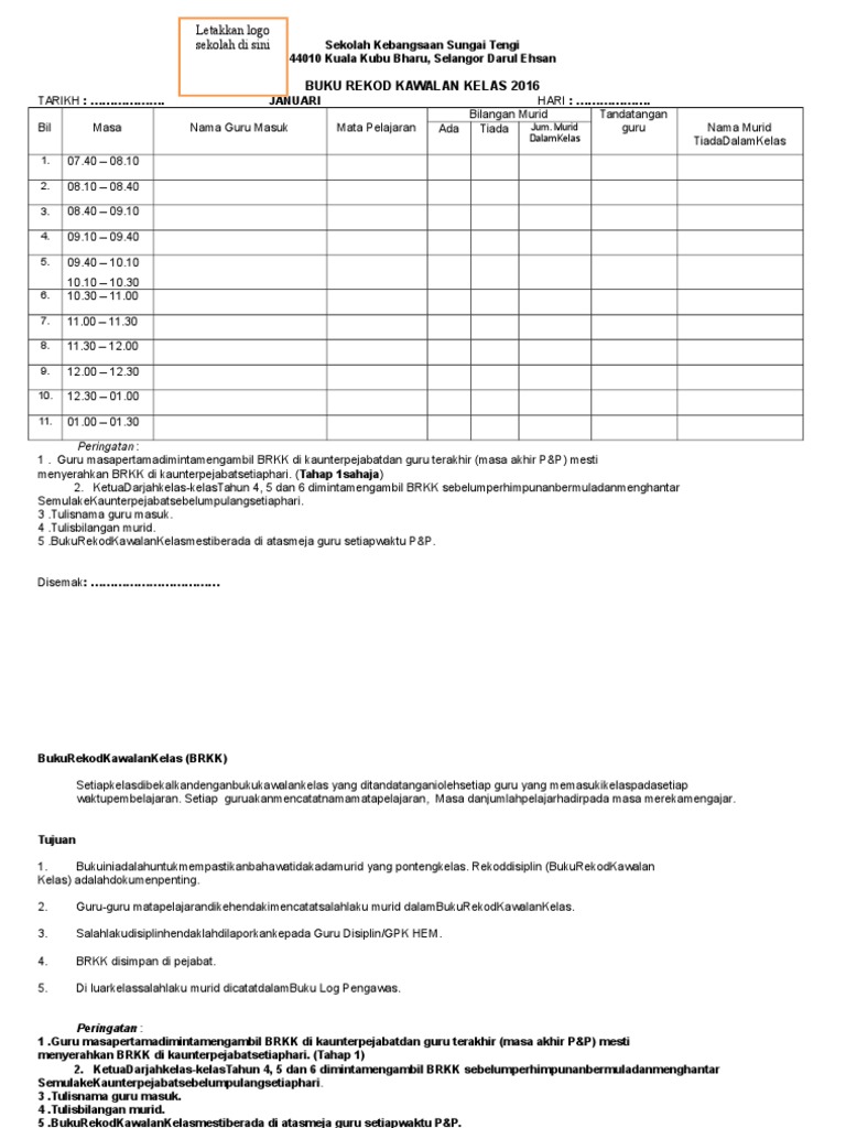 Contoh Buku Rekod Kawalan Kelas 2016 | PDF