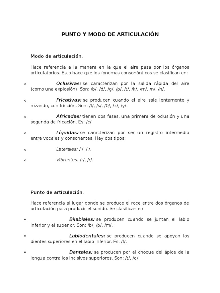 Punto y Modo de Articulación | PDF | Fonética | Voz humana