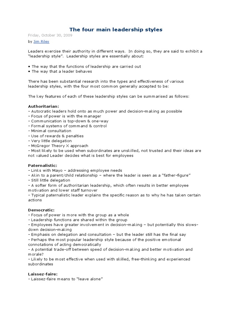 The Four Main Leadership Styles | PDF | Leadership | Human Nature