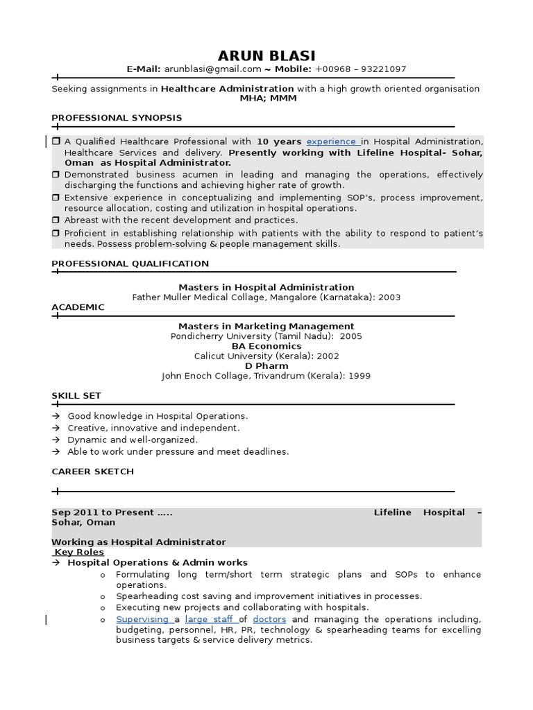 Arun CV New | PDF | Health Administration | Hospital