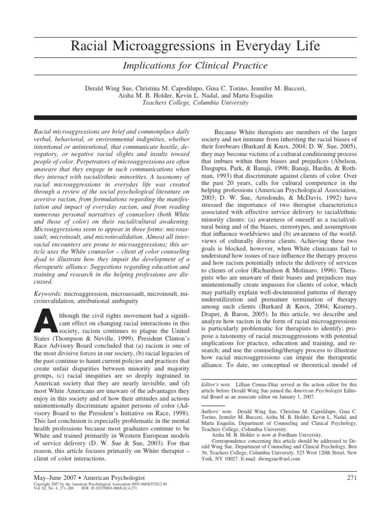 Racial Microaggressions in Everyday Life Implications For Clinical ...