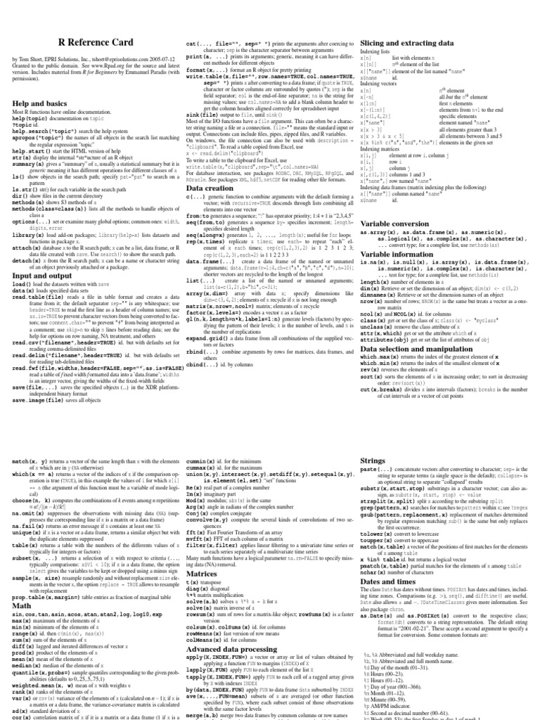 R Reference Card | Download Free PDF | Covariance Matrix | Matrix ...