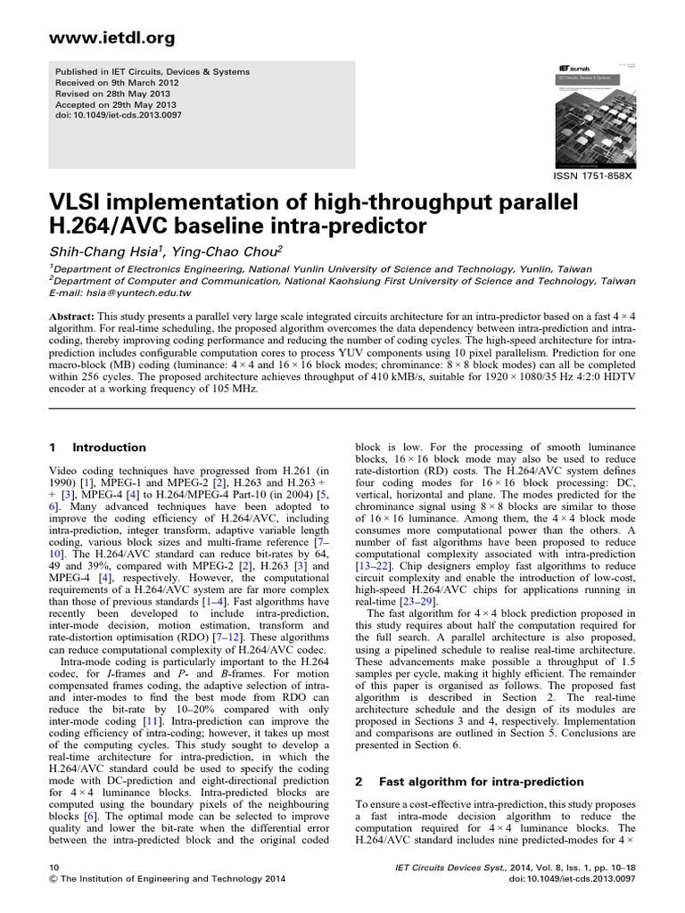VLSI Implementation of High-Throughput Parallel H.264/AVC Baseline Intra-Predictor | PDF | H.264 ...