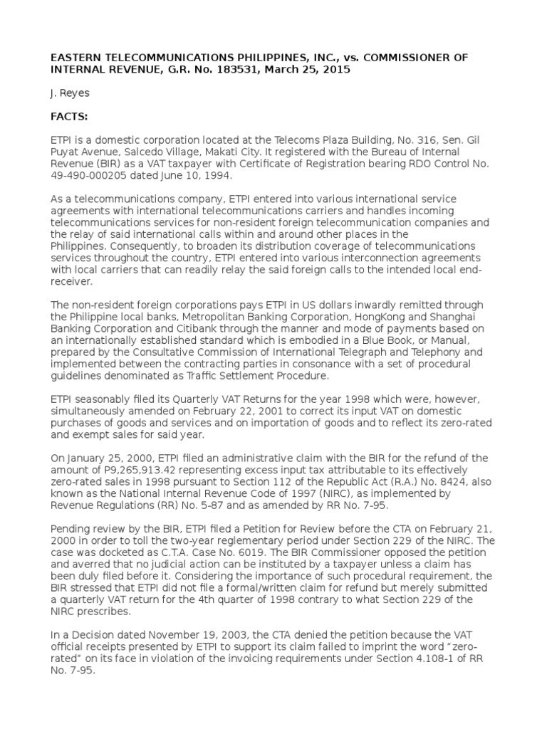 Eastern Telecommunications Philippines Inc Vs Cir | PDF | Value Added ...