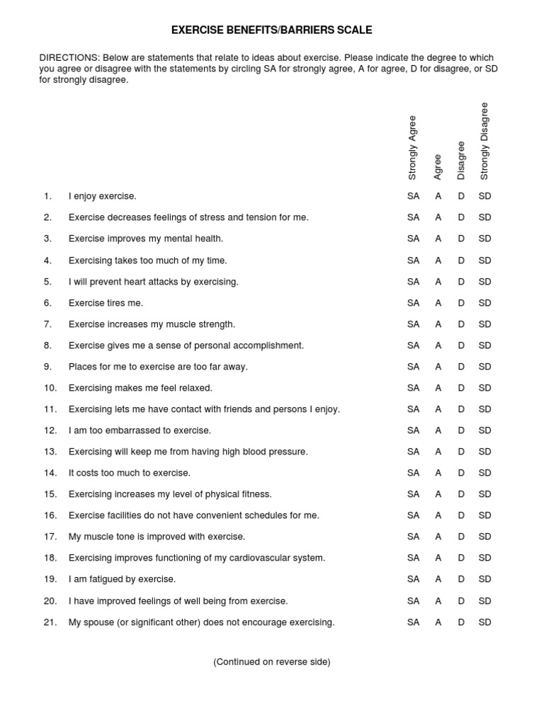 Exercise Benefits and Barriers Survey - Intrument English & Scoring | PDF | Fatigue (Medical ...