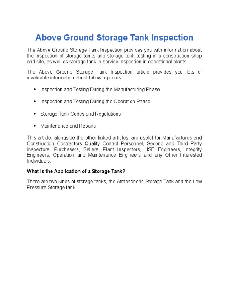 Above Ground Storage Tank Inspection | PDF | Corrosion | Structural Steel