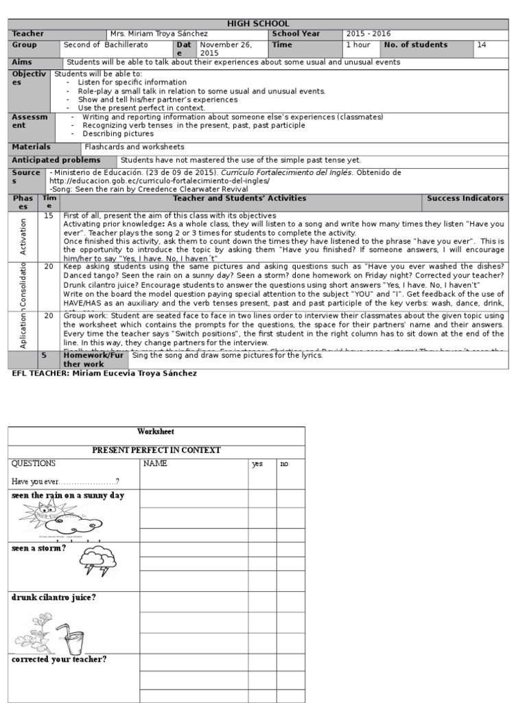 Lesson Plan - Present Perfect Tense + Worksheet | PDF | Perfect ...
