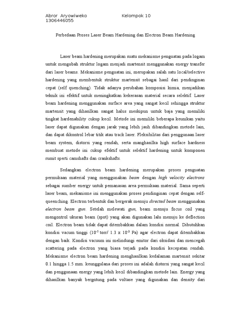 Perbedaan Proses Laser Beam Hardening Dan Electron Beam Hardening | PDF