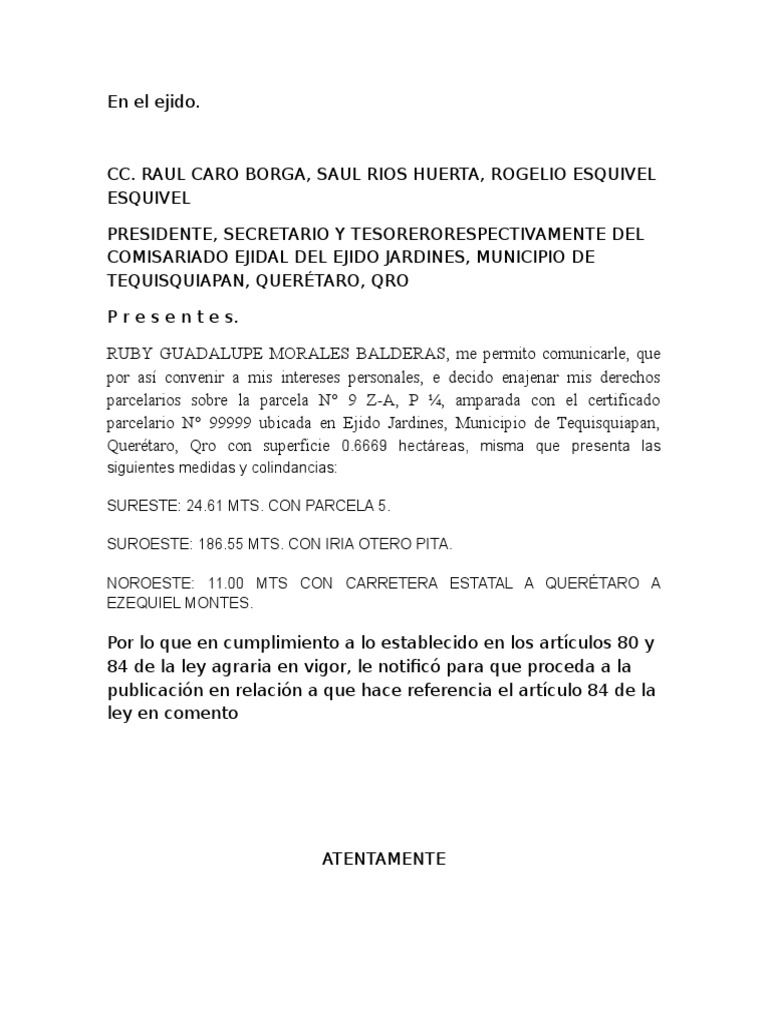 Aviso Al Comisariado Ejidal