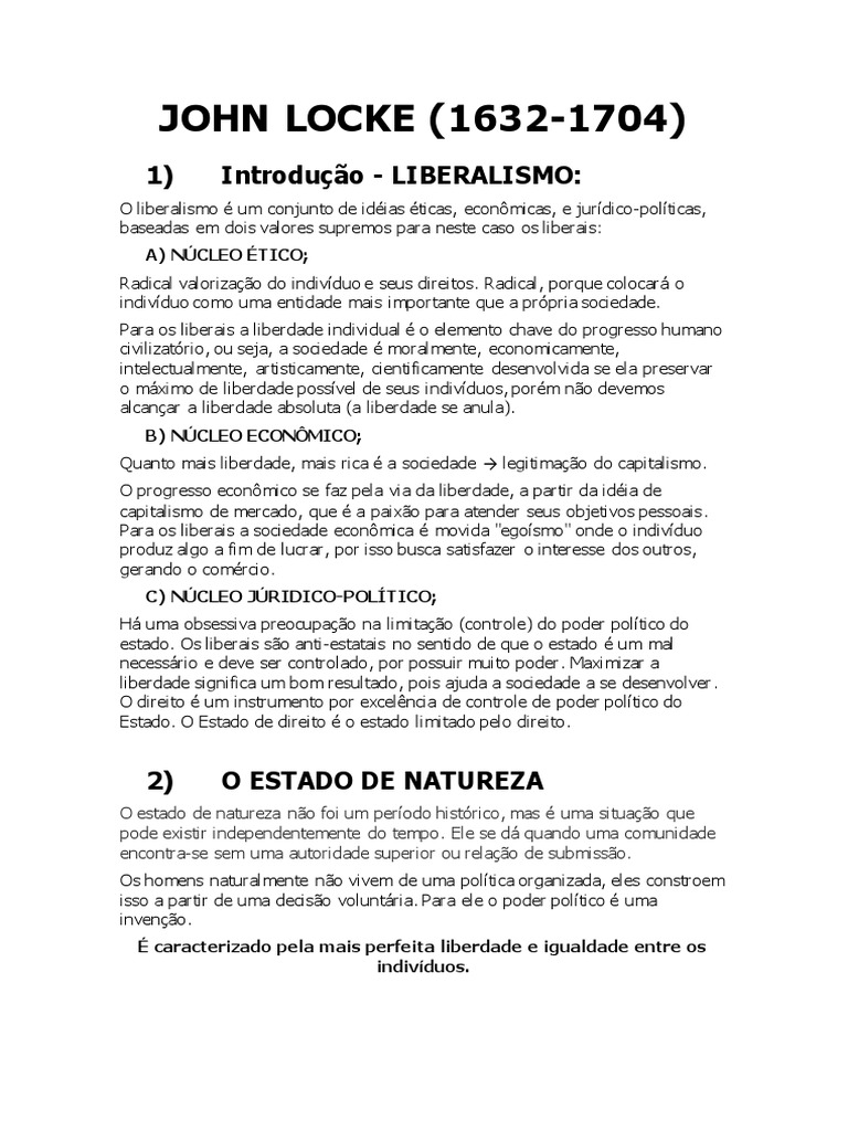 John Locke - Resumo | PDF | Liberalismo clássico | Estado
