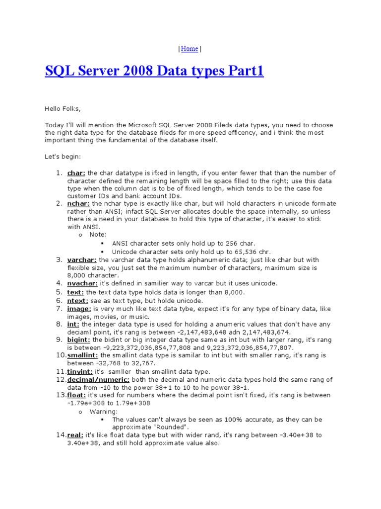 SQL Server 2008 Data Types Guide | PDF | Integer (Computer Science) | Data Type