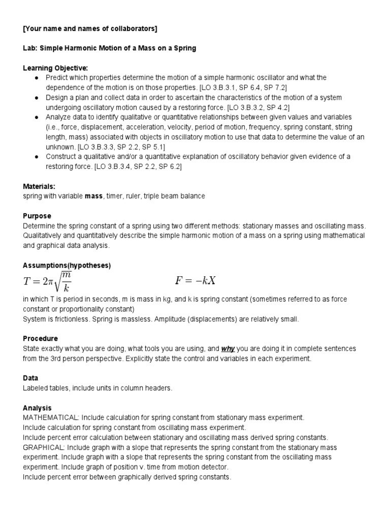 (Your Name and Names of Collaborators) Lab: Simple Harmonic Motion of A ...