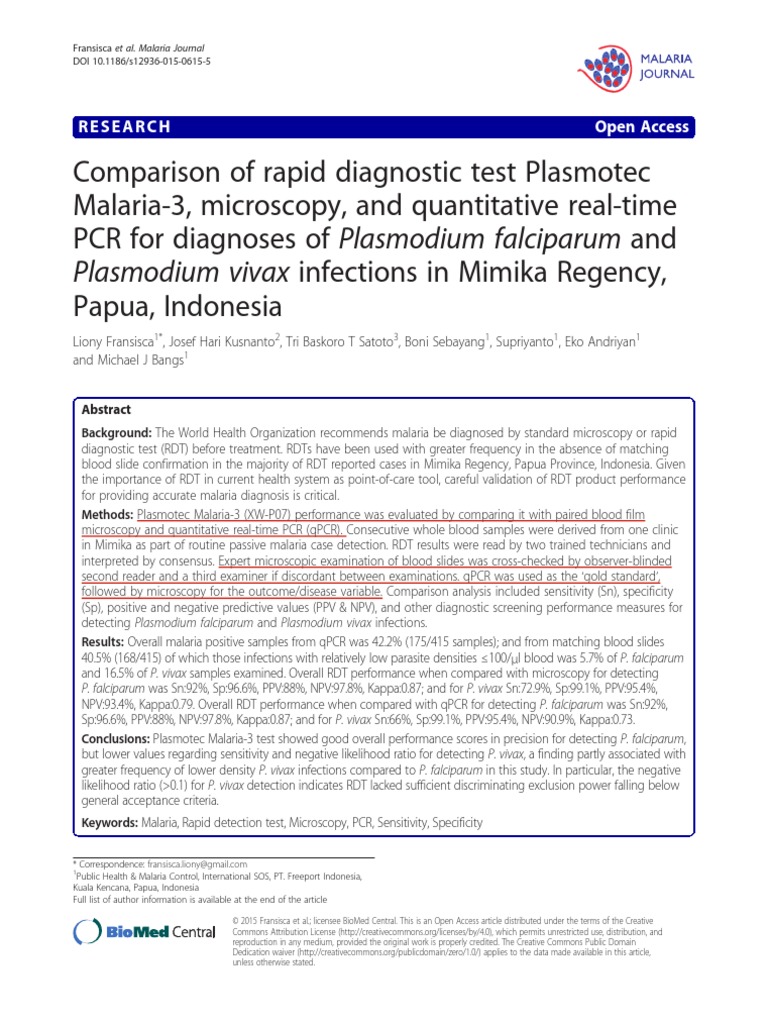 Plasmotec Malaria | PDF | Malaria | Sensitivity And Specificity