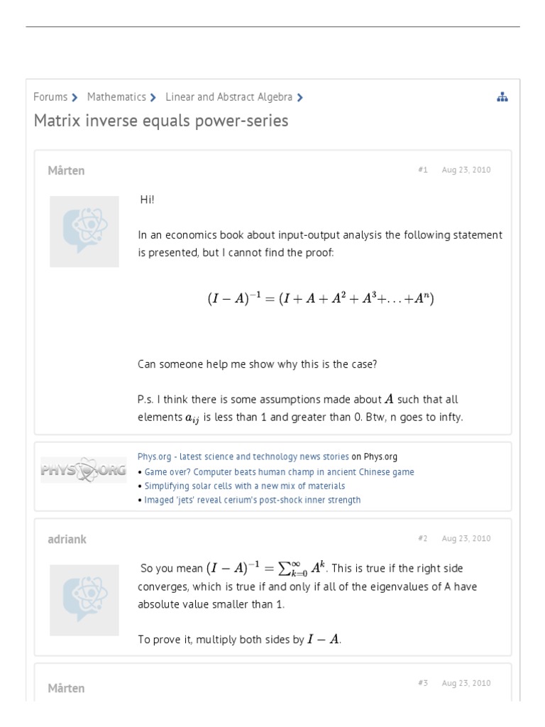 (Discussion) Taylor Expansion of Matrix Inverse | PDF | Input–Output ...
