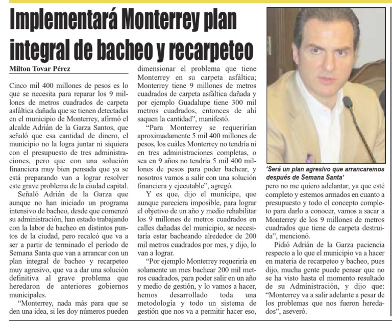 09-03-16 Implementará Monterrey Plan Integral de Bacheo y Recarpeteo | PDF | Finanzas y ...