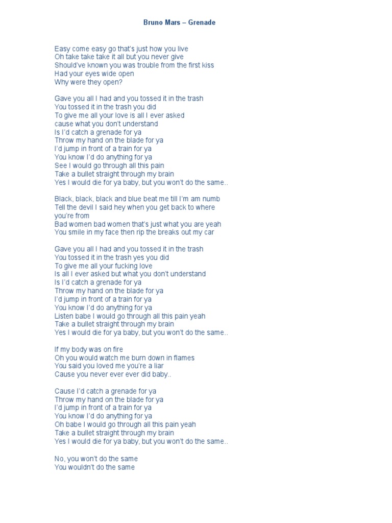 Bruno Mars - Grenade Lyrics Analysis | PDF | Poetry
