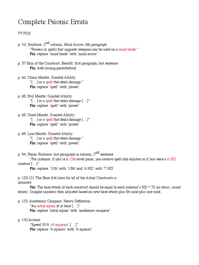 Complete Psionic Errata BRC0705 | Download Free PDF | Gaming | Role Playing Games