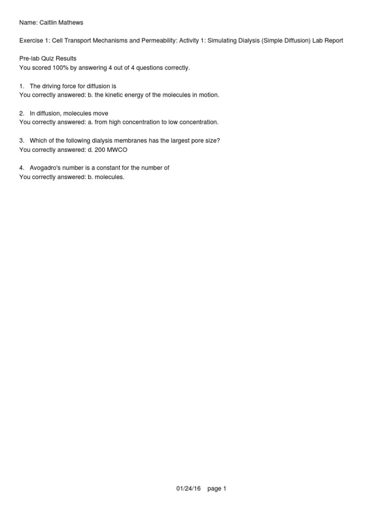 Caitlin Mathews Lab 1 Exercise 1 | PDF | Cell Membrane | Diffusion