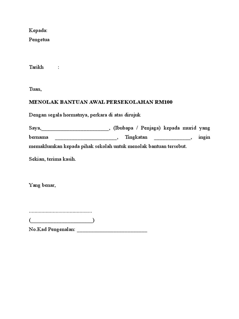 Contoh Surat Tolak Rm100 | PDF