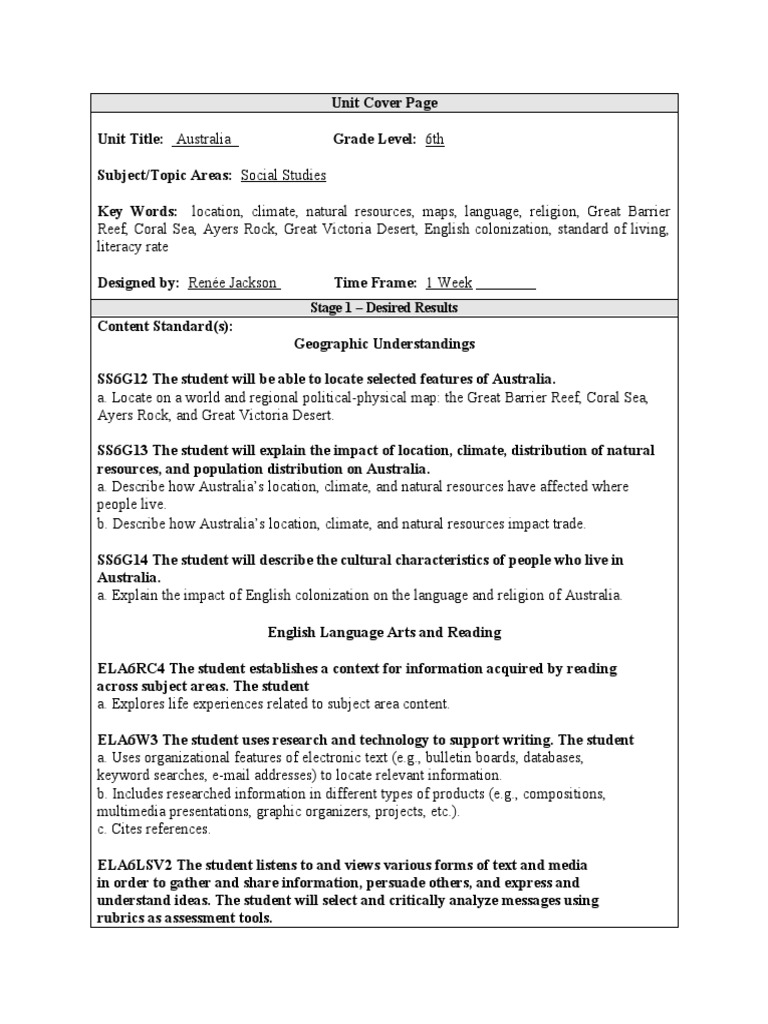 Australia Unit Plan | PDF | Australia | Information