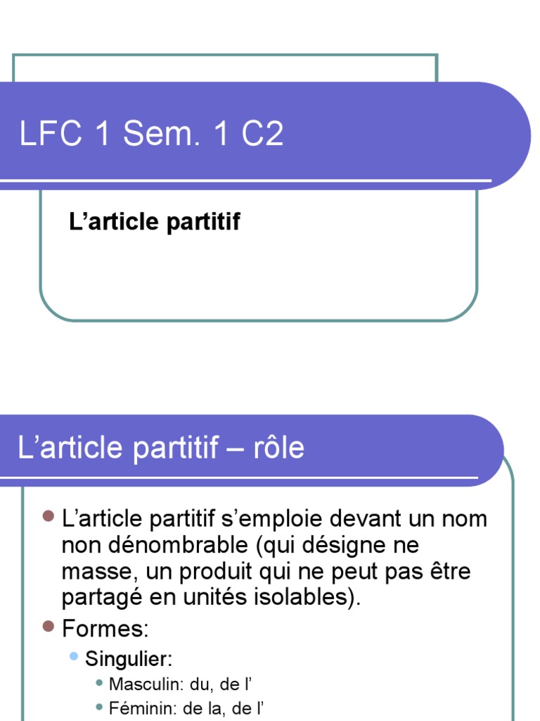 Article Partitif | PDF | Nombre grammatical | Genre grammatical